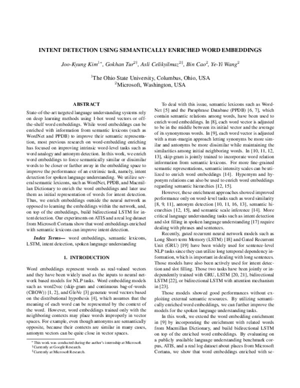 (PDF) Intent detection using semantically enriched word embeddings