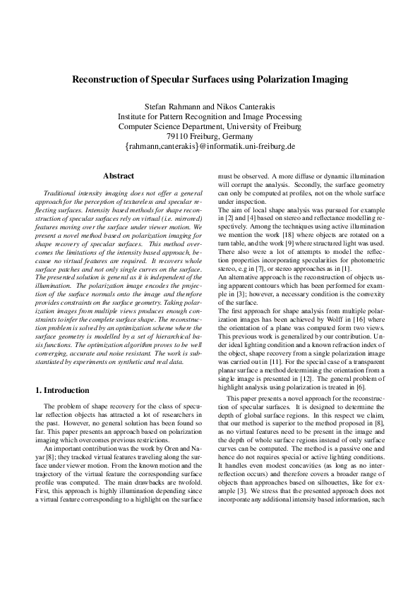 (PDF) Reconstruction of specular surfaces using polarization imaging | Stefan Rahmann - Academia.edu