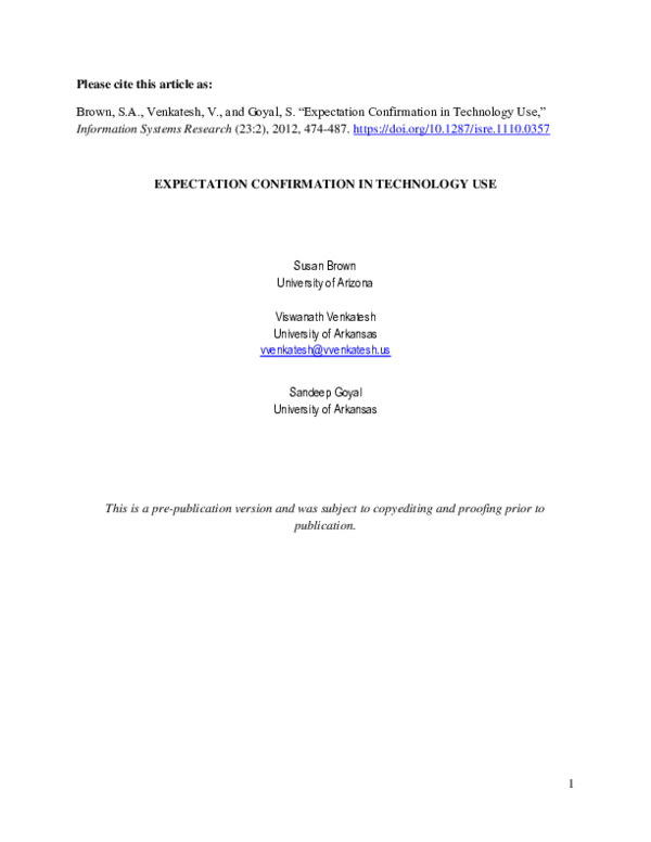 (PDF) Expectation Confirmation in Technology Use