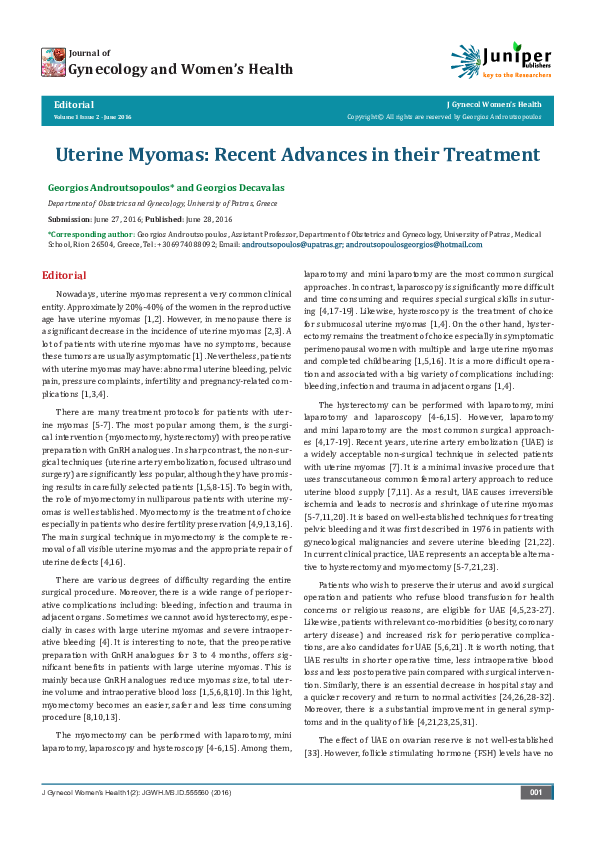 (PDF) Uterine myomas: recent advances in their treatment