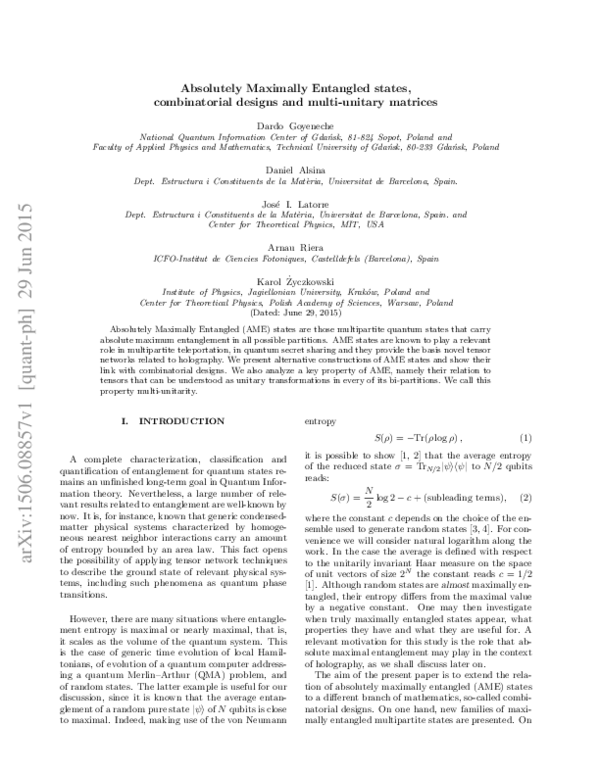 (PDF) Absolutely maximally entangled states, combinatorial designs, and ...