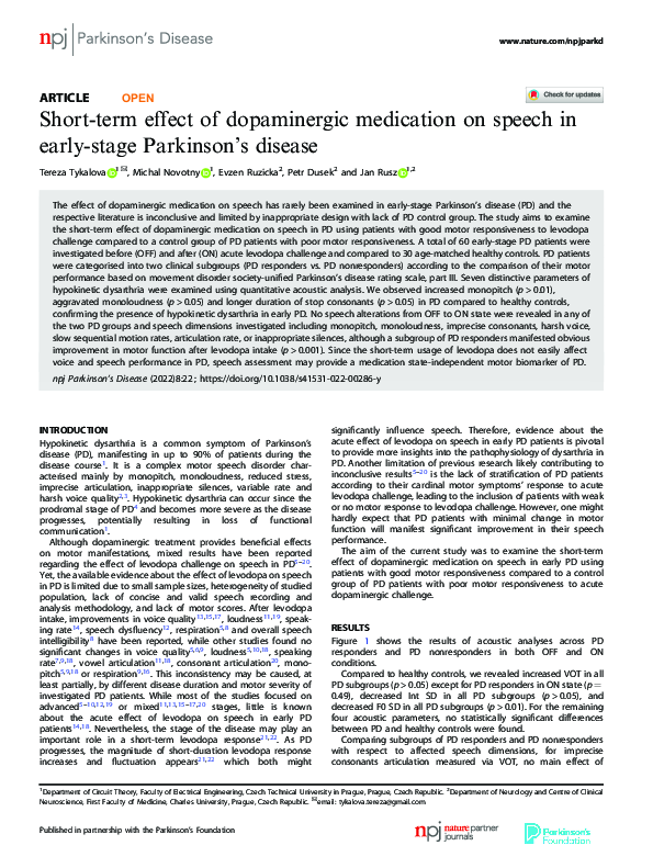 (PDF) Short-term effect of dopaminergic medication on speech in early ...