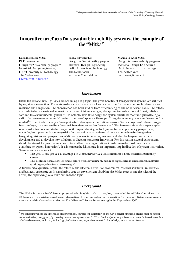 (PDF) Innovative artefacts for sustainable mobility systems- the ...