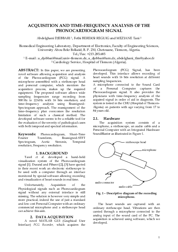 (PDF) Acquisition and time-frequency analysis of the Phonocardiogram signal