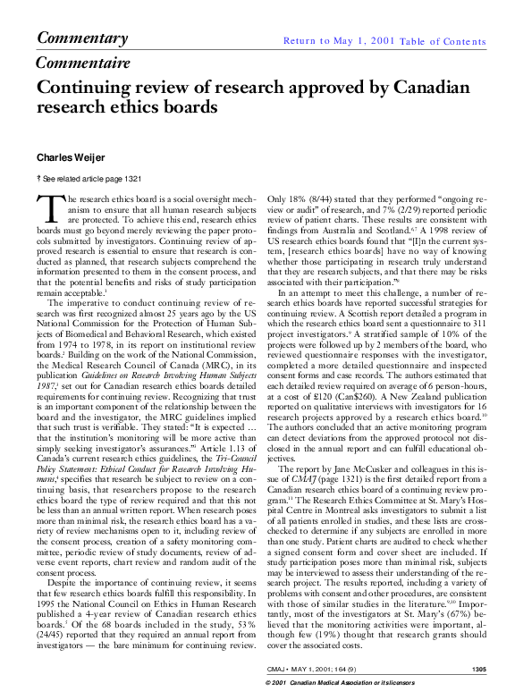 (PDF) Continuing review of research approved by Canadian research ...