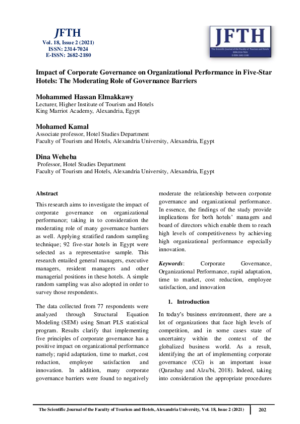 (PDF) Impact of Corporate Governance on Organizational Performance in Five-Star Hotels: The ...