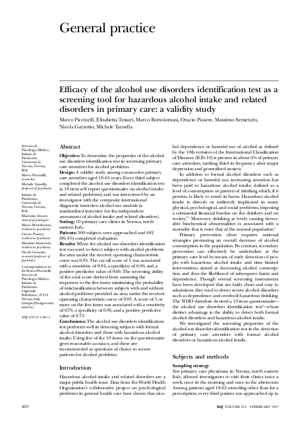 (PDF) Efficacy of the alcohol use disorders identification test as a ...