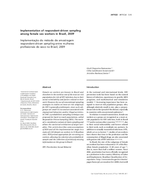 Pdf Implementation Of Respondent Driven Sampling Among Female Sex Workers In Brazil 2009