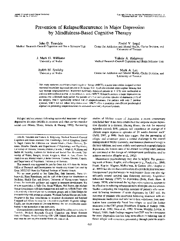 (PDF) Prevention of relapse/recurrence in major depression by mindfulness-based cognitive therapy
