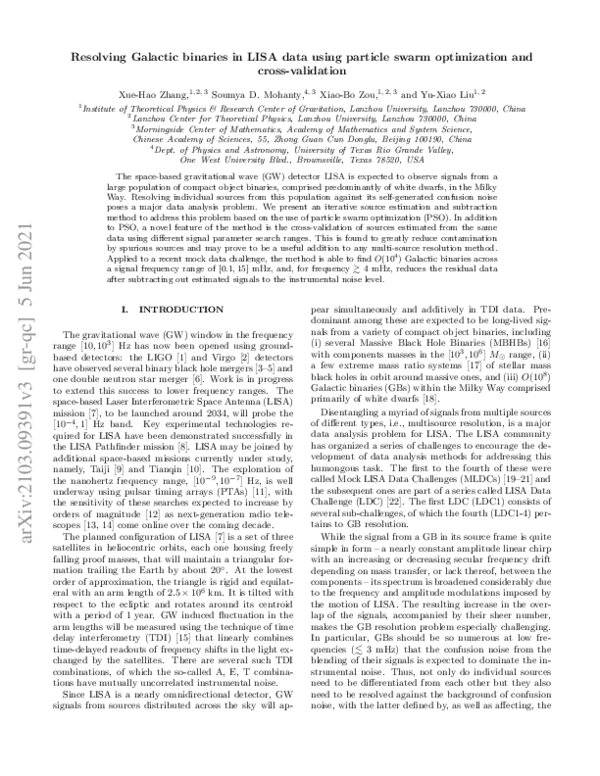 Pdf Resolving Galactic Binaries In Lisa Data Using Particle Swarm Optimization And Cross
