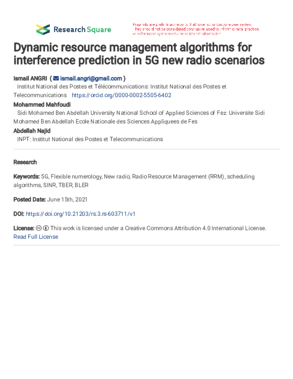 (PDF) Dynamic resource management algorithms for interference prediction in 5G new radio scenarios