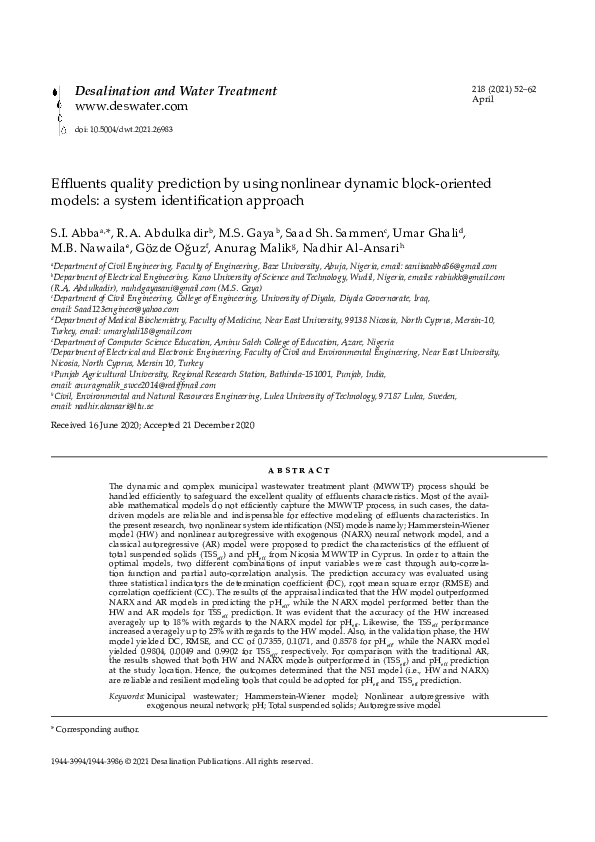 (PDF) Effluents quality prediction by using nonlinear dynamic block-oriented models: a system ...