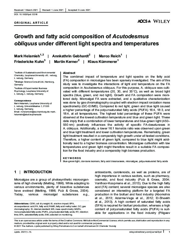 (PDF) Growth and fatty acid composition of Acutodesmus obliquus under ...