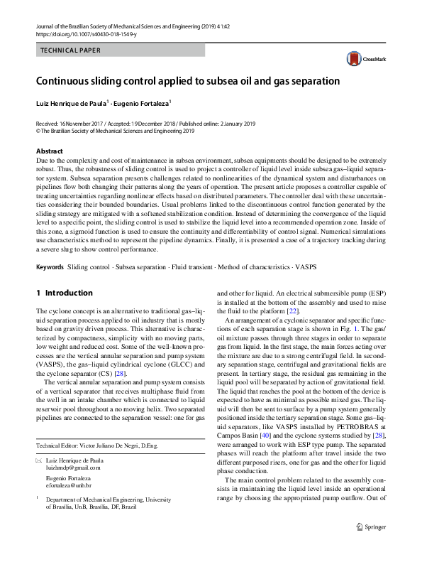 (PDF) Continuous sliding control applied to subsea oil and gas separation