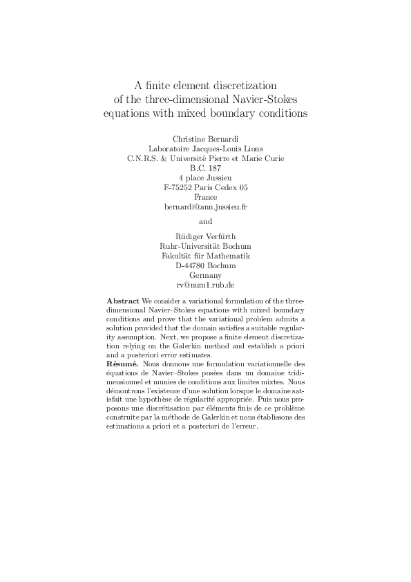 Pdf A Finite Element Discretization Of The Three Dimensional Navier