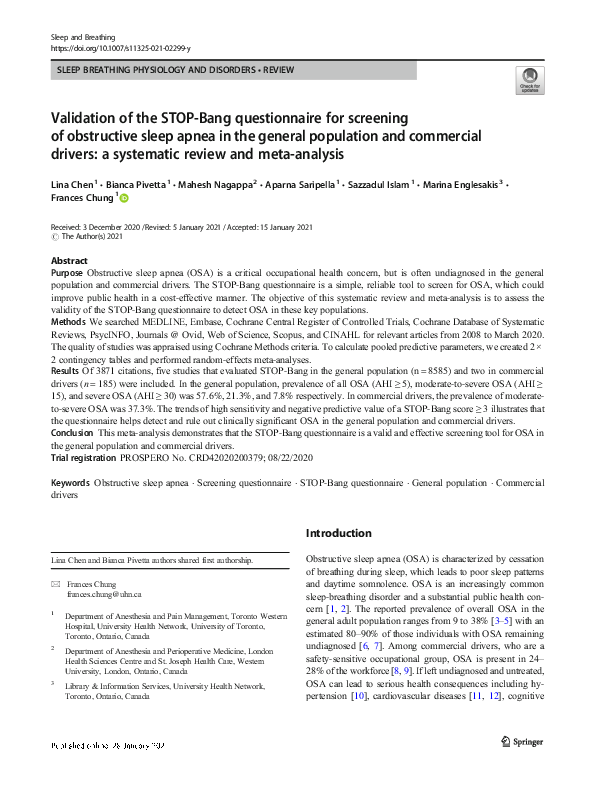 (PDF) Validation of the STOP-Bang questionnaire for screening of ...