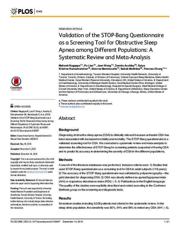 (PDF) Validation of the STOP-Bang Questionnaire as a Screening Tool for ...