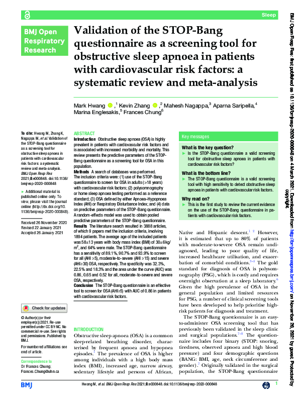 (PDF) Validation of the STOP-Bang questionnaire as a screening tool for ...