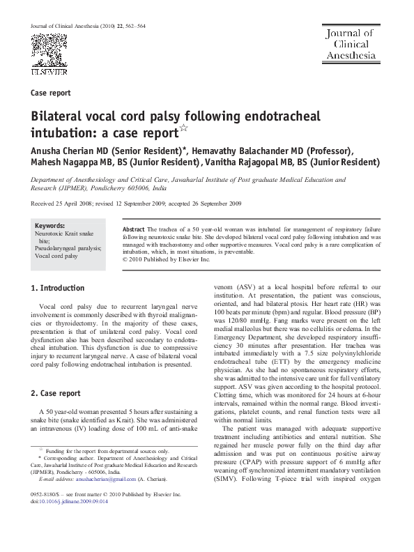 (PDF) Bilateral vocal cord palsy following endotracheal intubation: a ...
