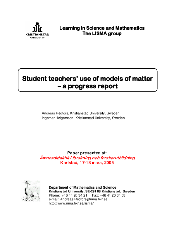 (PDF) Student teachers’ use of models of matter : a progress report