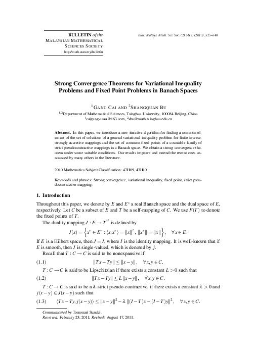 Pdf Strong Convergence Theorems For Variational Inequalities And Fixed Point Problems In 