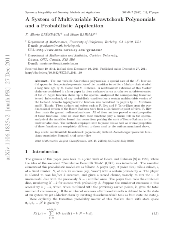 (PDF) A System of Multivariable Krawtchouk Polynomials and a Probabilistic Application