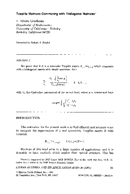 Pdf Toeplitz Matrices Commuting With Tridiagonal Matrices