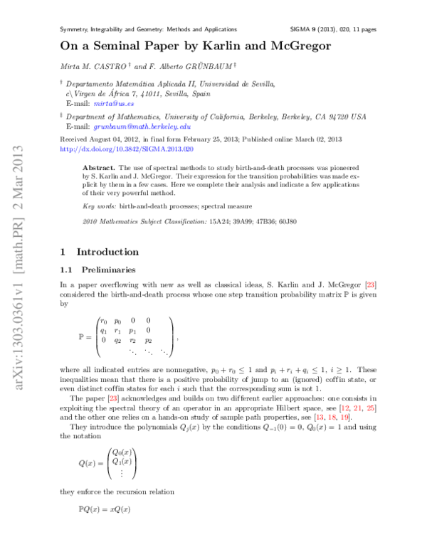 (PDF) On a Seminal Paper by Karlin and McGregor