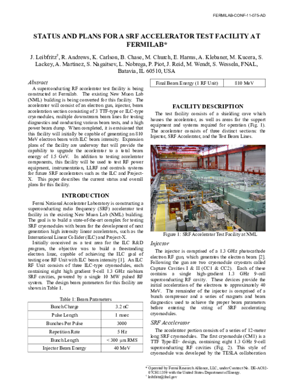 (PDF) Status and plans for a SRF accelerator test faciliy at Fermilab