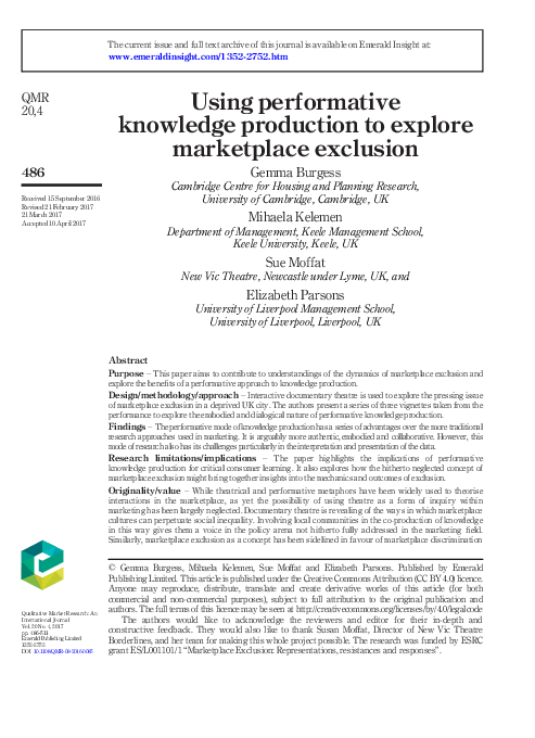 (PDF) Using performative knowledge production to explore marketplace exclusion