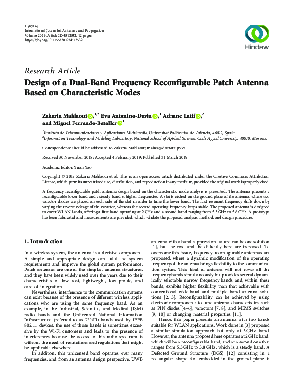 Pdf Design Of A Dual Band Frequency Reconfigurable Patch Antenna Based On Characteristic Modes
