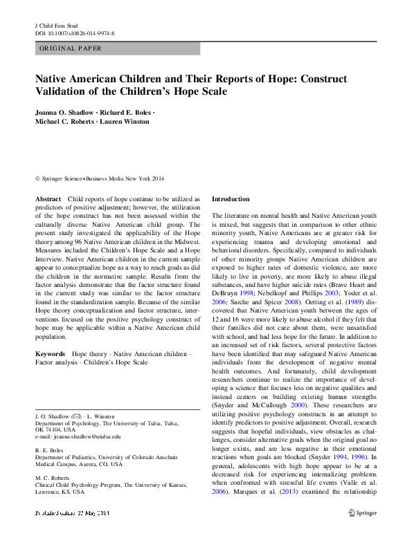 (PDF) Native American Children and Their Reports of Hope: Construct ...