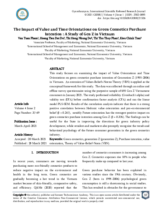 (PDF) The Impact of Value and Time Orientations on Green Cosmetics Purchase Intention : A Study ...