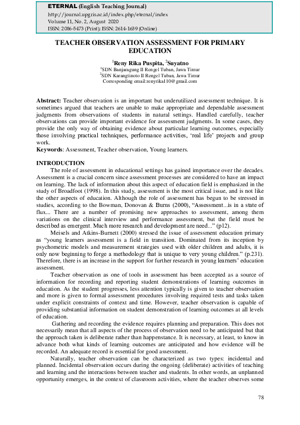 (PDF) Teacher Observation Assessment for Primary Education | Reny ...