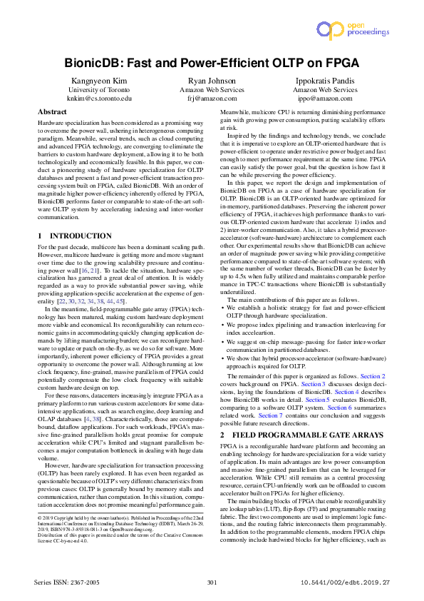 (PDF) BionicDB: Fast and Power-Efficient OLTP on FPGA
