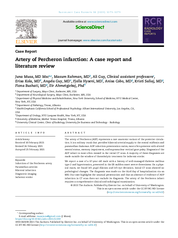 (PDF) Artery of Percheron infarction: A case report and literature review