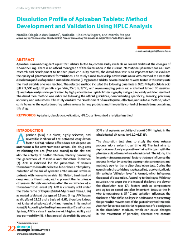 (PDF) Dissolution Profile of Apixaban Tablets: Method Development and ...