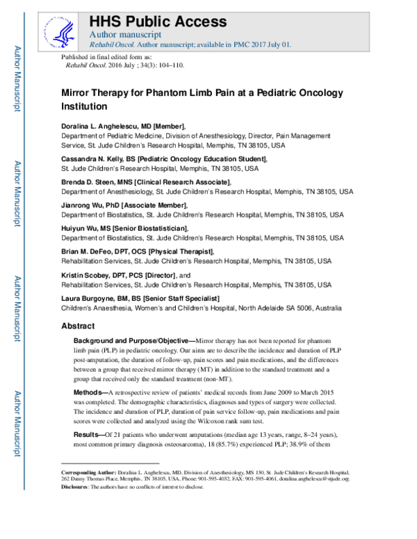 (PDF) Mirror Therapy for Phantom Limb Pain at a Pediatric Oncology ...
