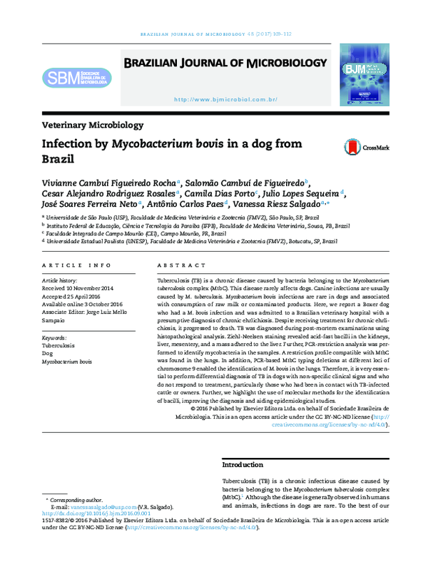 (PDF) Infection by Mycobacterium bovis in a dog from Brazil