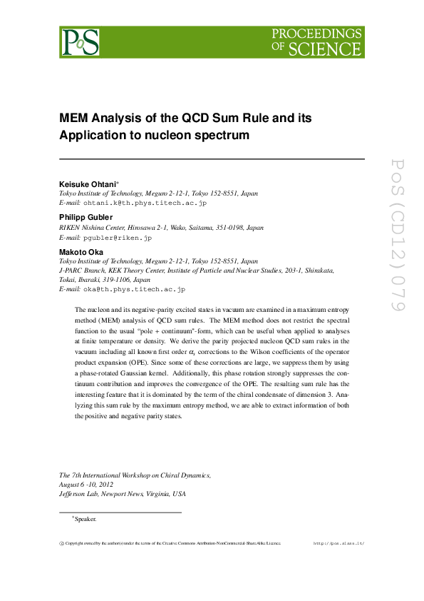 (PDF) MEM Analysis of the QCD Sum Rule and its Application to nucleon spectrum