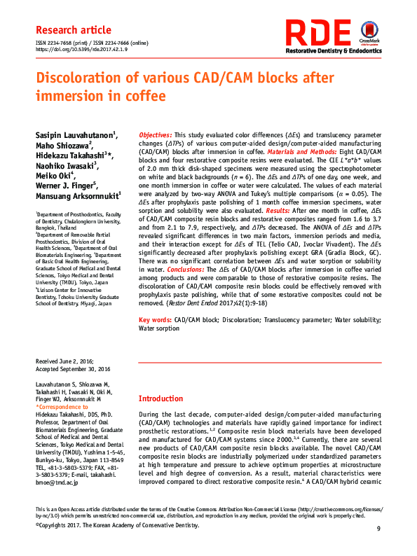 (PDF) Discoloration of various CAD/CAM blocks after immersion in coffee