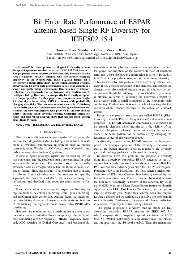 (PDF) Bit error rate performance of ESPAR antenna-based single-RF diversity for IEEE802.15.4