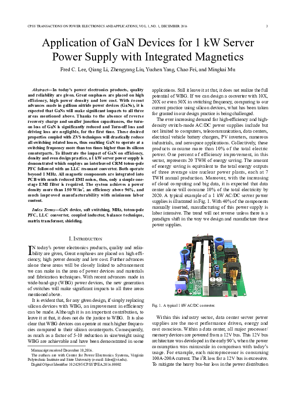 (PDF) Application of GaN Devices for 1 kW Server Power Supply with ...