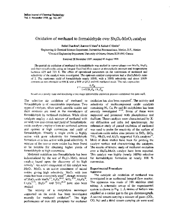 (PDF) Oxidation of methanol to formaldehyde over Sb204-Mo03 catalys