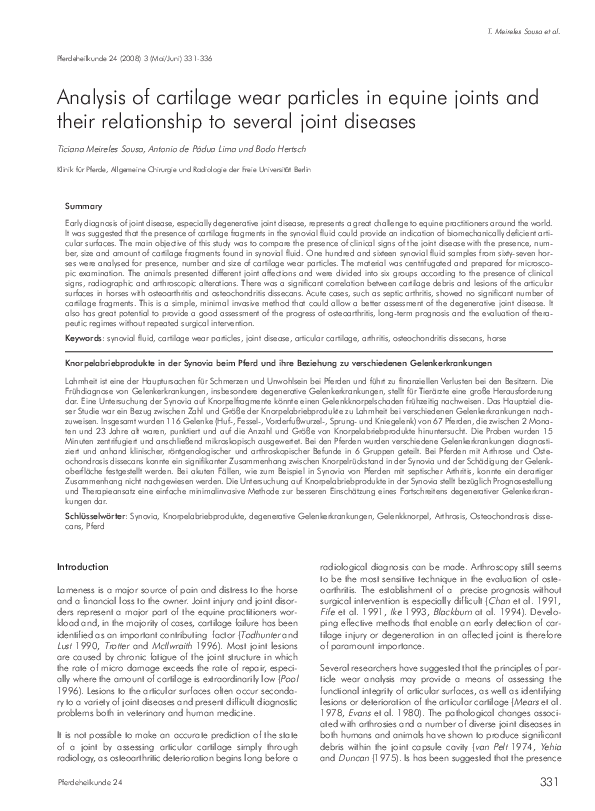 (PDF) Analysis of cartilage wear particles in equine joints and their ...