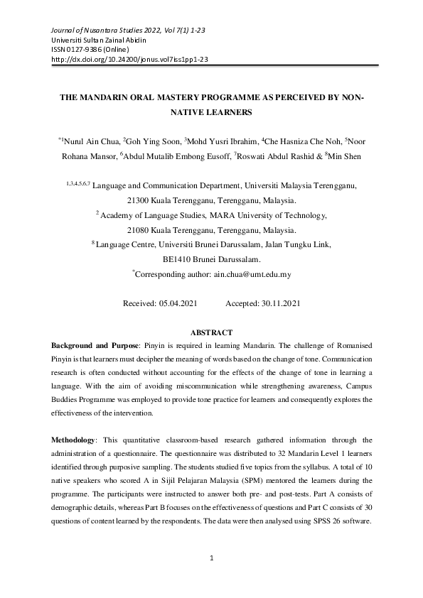 (PDF) The Mandarin Oral Mastery Programme as Perceived by Non-Native Learners