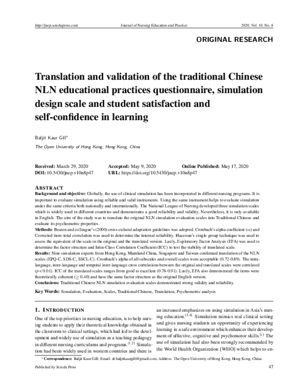 (PDF) Translation and validation of the traditional Chinese NLN ...