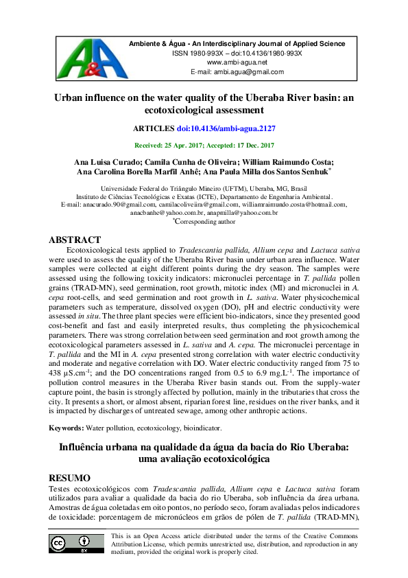 (PDF) Urban influence on the water quality of the Uberaba River basin ...