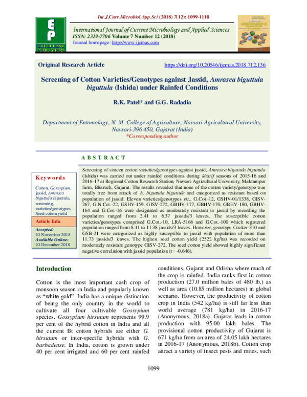 (PDF) Genetics of resistance to cotton jassid, Amrasca biguttula ...