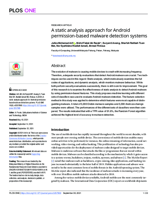 Pdf A Static Analysis Approach For Android Permission Based Malware Detection Systems Ahmad